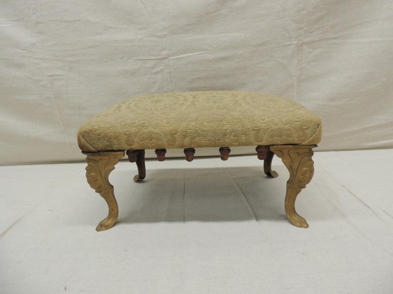 Vintage Petite French Footstool with Brass Legs and Wooden Finials For ...