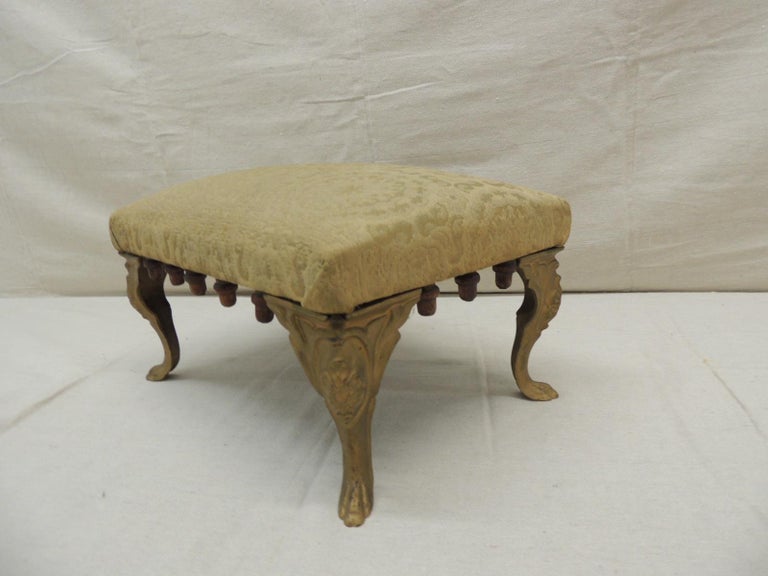 Vintage Petite French Footstool with Brass Legs and Wooden Finials For ...