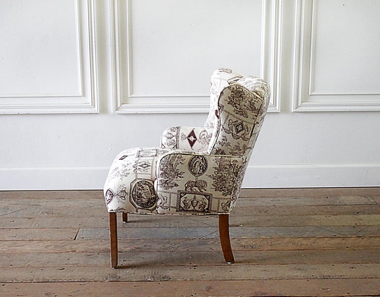 Vintage Petite Wing Chair Upholstered in Brown Toile Fabric at 1stDibs ...