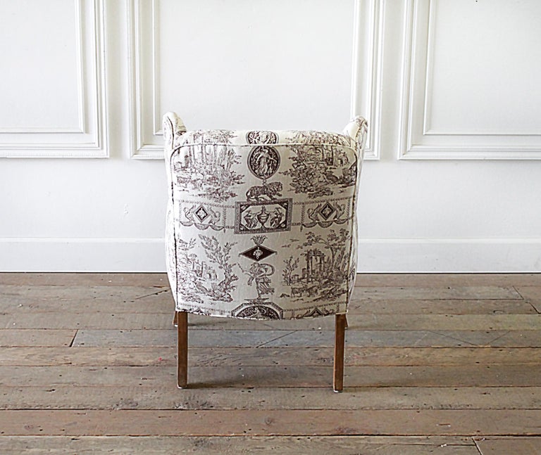 Vintage Petite Wing Chair Upholstered in Brown Toile Fabric at 1stDibs ...