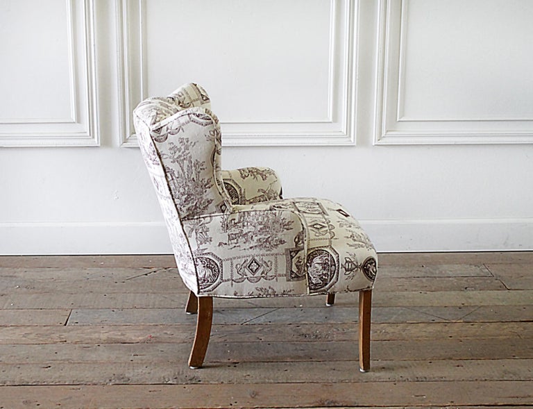 Vintage Petite Wing Chair Upholstered in Brown Toile Fabric at 1stDibs ...