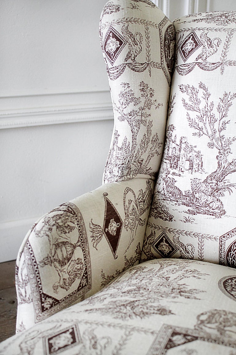 Vintage Petite Wing Chair Upholstered in Brown Toile Fabric at 1stDibs ...
