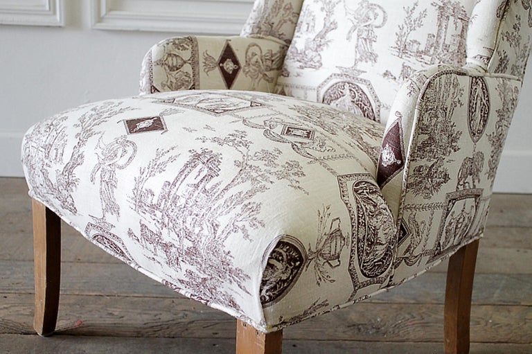 Vintage Petite Wing Chair Upholstered in Brown Toile Fabric at 1stDibs ...