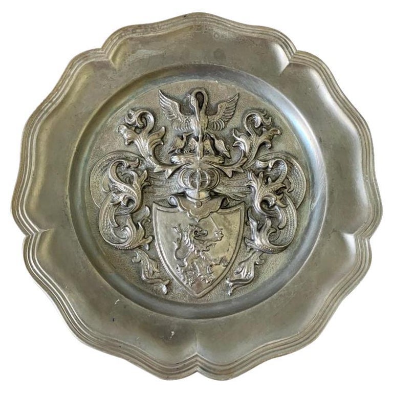Vintage Pewter Wall Plate with Crest For Sale at 1stDibs