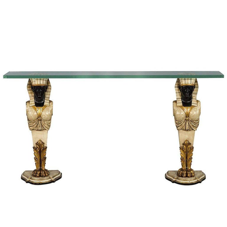 Vintage Pharaoh Base Glass Top Console Table at 1stDibs