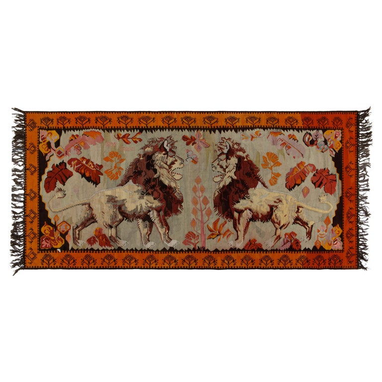 Vintage Pictorial Kilim in Blue and Orange, Lions, Floral Pattern by ...
