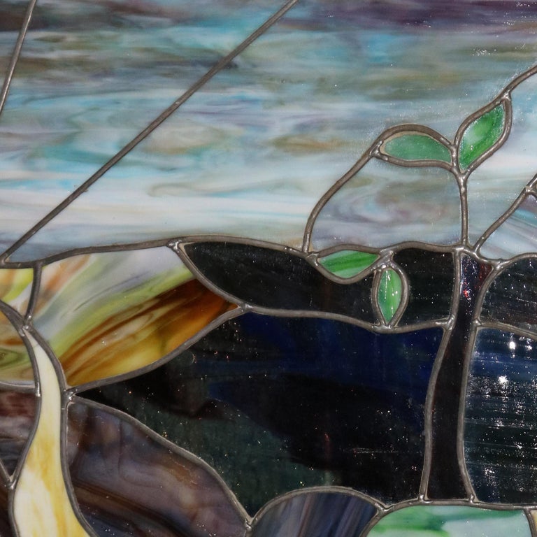 Vintage Pictorial Leaded Slag Glass Panel with Country Road and Sunset ...