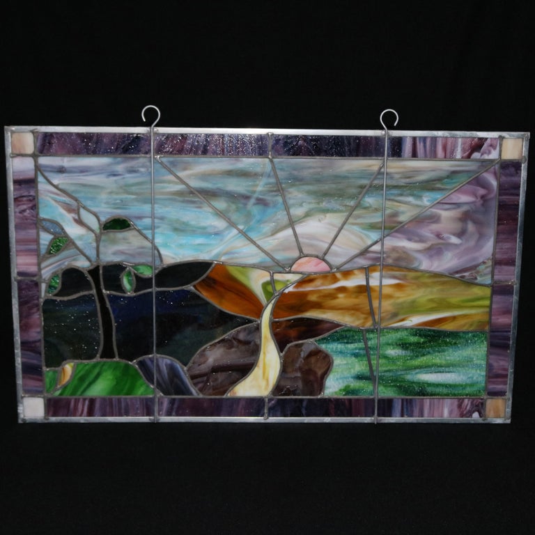 Vintage Pictorial Leaded Slag Glass Panel with Country Road and Sunset ...