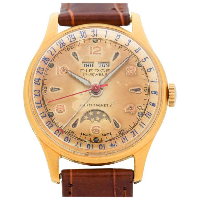 Vintage Pierce Triple Date Moonphase 14 Karat Yellow Gold-Plated Watch ...