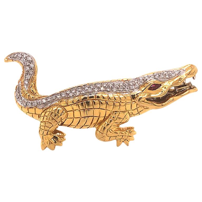 Vintage Piero Milano Alligator Diamond and Ruby Brooch For Sale at 1stDibs