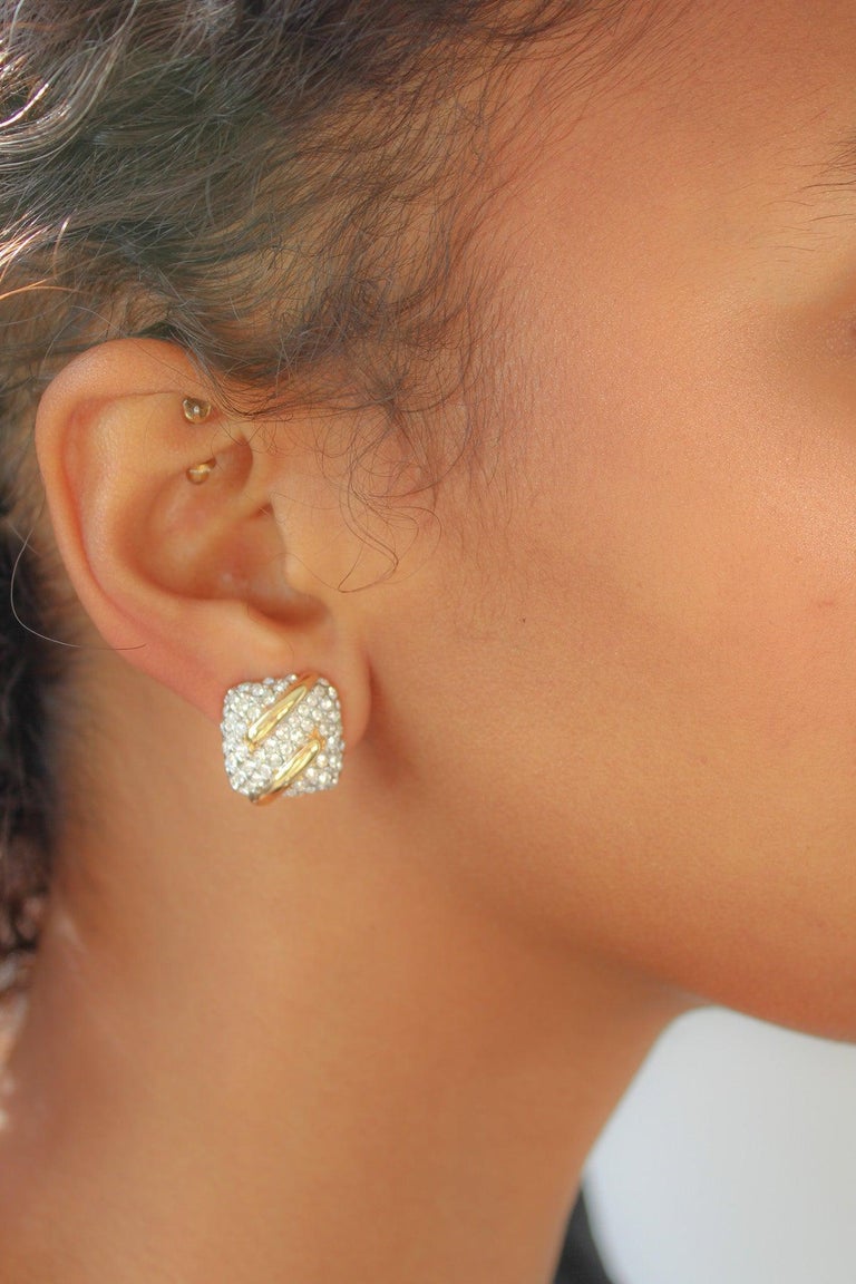Vintage Pierre Balmain Stud Earrings in Gold Plated Metal and Crystals ...