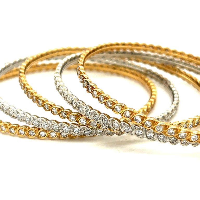 Vintage Pierre Sterle BiColor 18 Karat Gold Diamond Bangle Set For Sale ...
