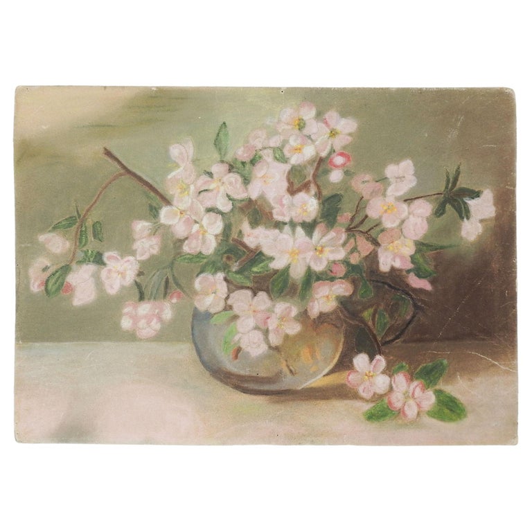 Vintage Pink Flowers Still Life Pastel Painting For Sale at 1stDibs