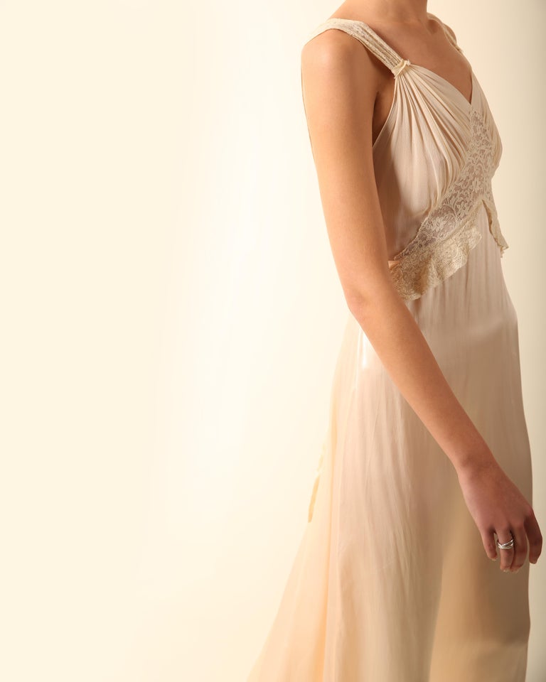 Vintage pink ivory silk chiffon lace sheer robe night gown midi slip ...
