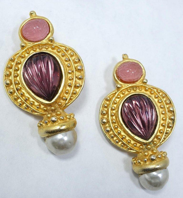 Vintage Pink Scarab, Faux Pearl, Amethyst Stone Earrings at 1stDibs