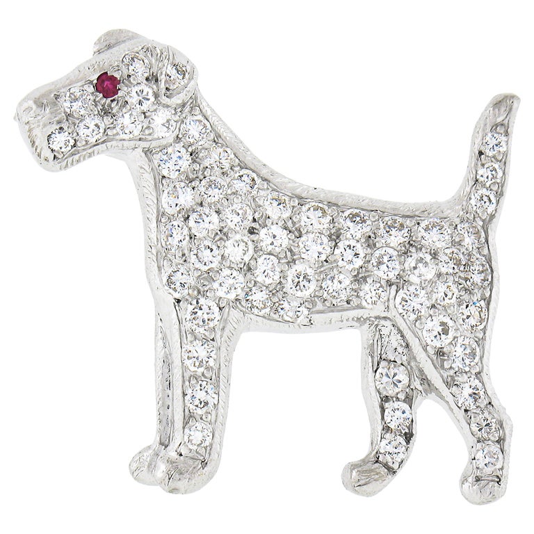Vintage Platinum 1.27ctw Diamond Covered Airedale Dog Pin Brooch w/ Red ...