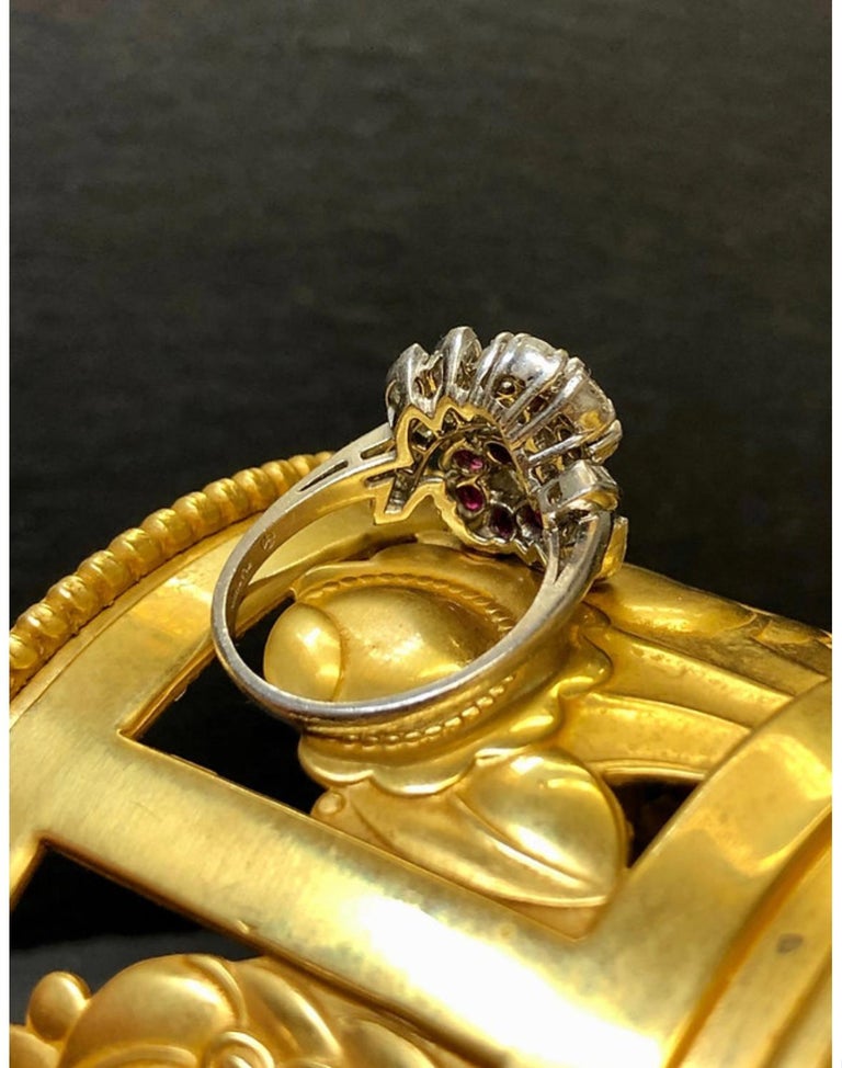 Vintage Platinum 1950’s Burmese Ruby Diamond Floral Ring For Sale at 1stDibs