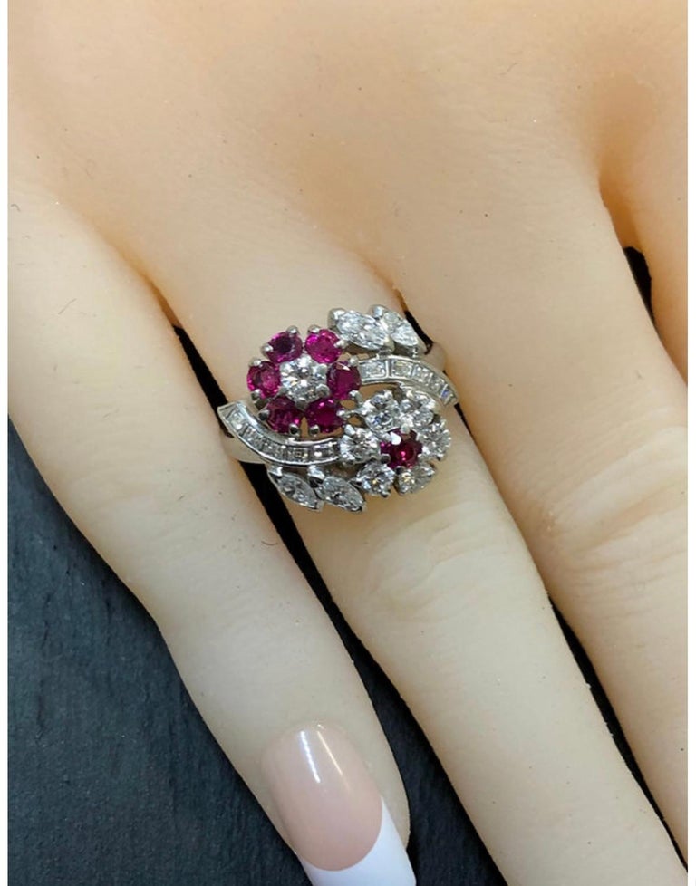 Vintage Platinum 1950’s Burmese Ruby Diamond Floral Ring For Sale at 1stDibs