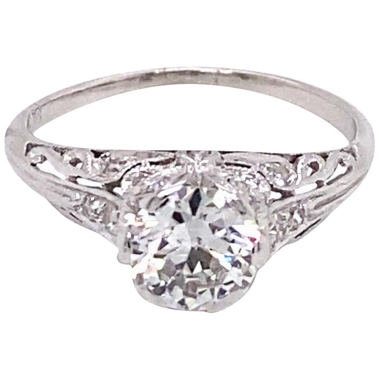 Vintage Platinum Art Deco Diamond Engagement Filigree Ring 1.31 Carat For Sale at 1stDibs