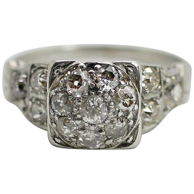 Vintage Platinum Diamond Cluster Ring For Sale at 1stDibs