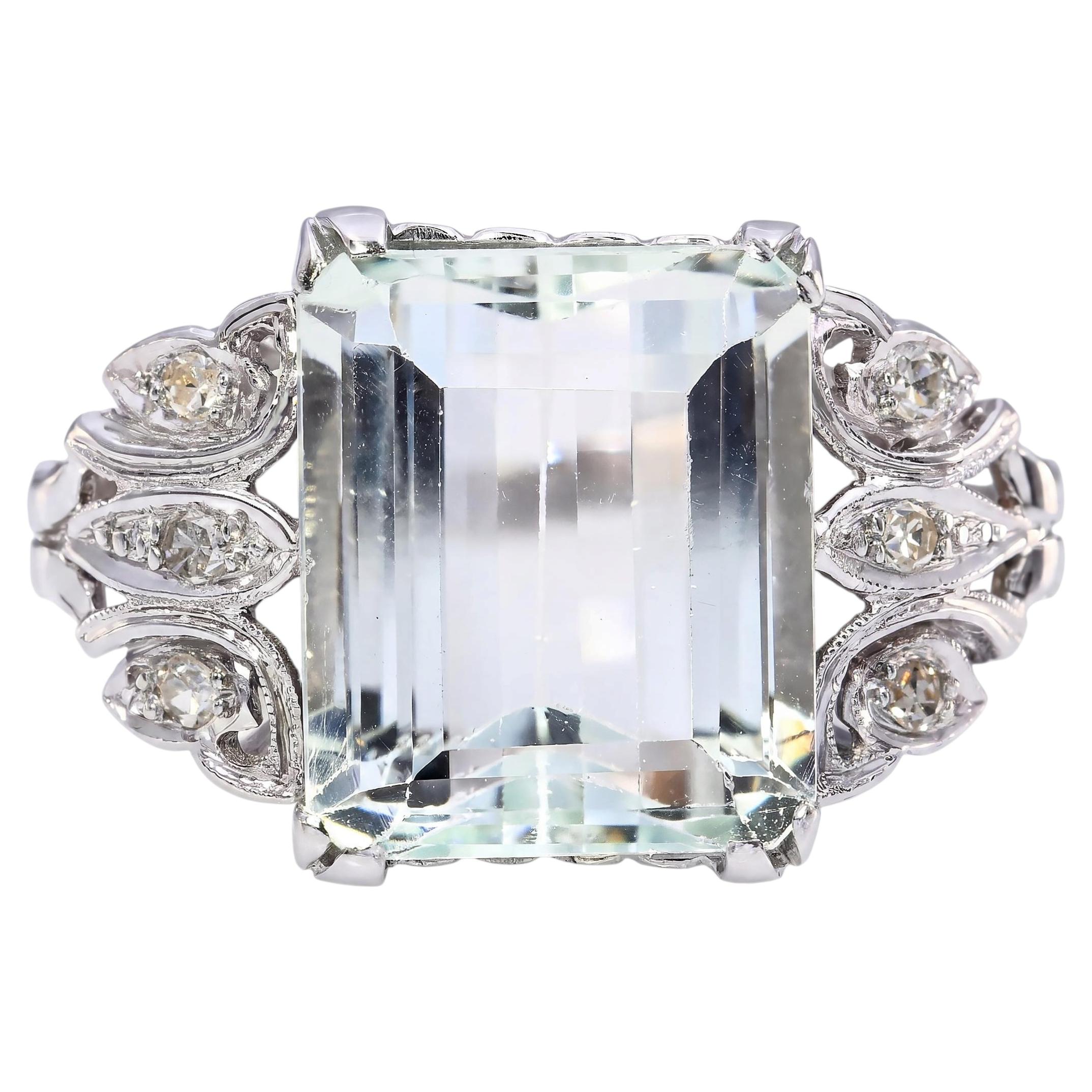 Vintage Platinum Openwork 6.52ct Aquamarine and Diamond Ring For Sale ...