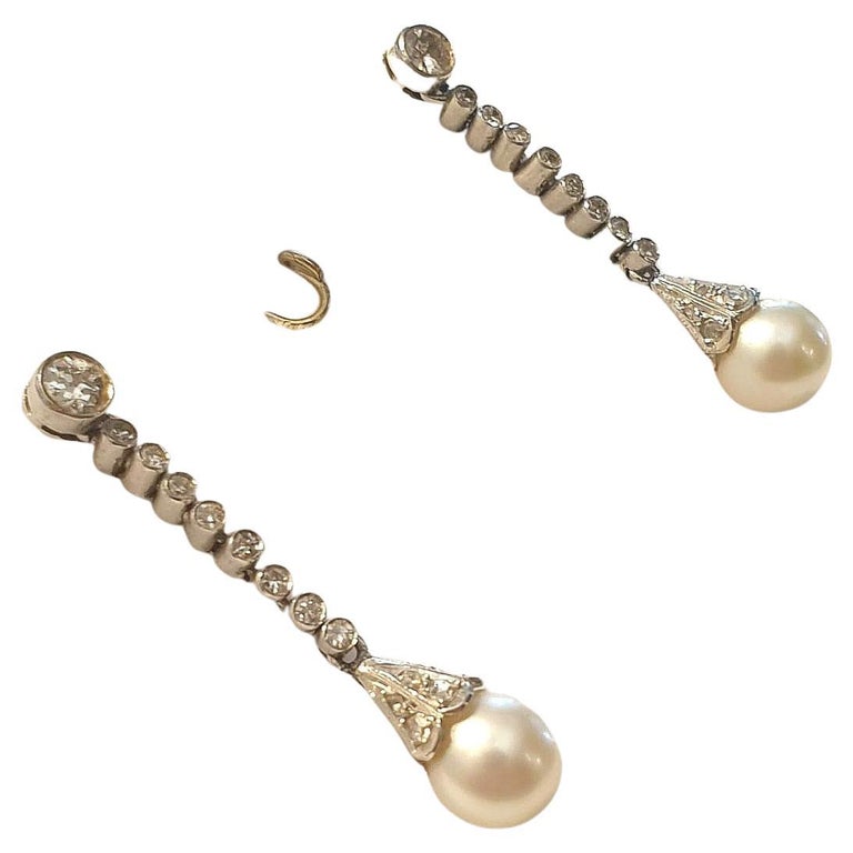 Vintage Platinum Pearl and Diamond Earrings For Sale at 1stDibs