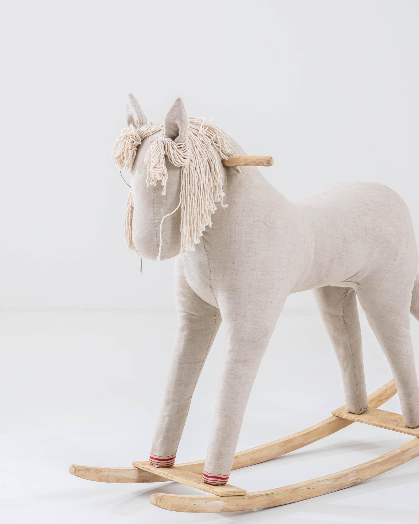 Vintage Plush Wooden and Fabric Rocking Horse For Sale at 1stDibs