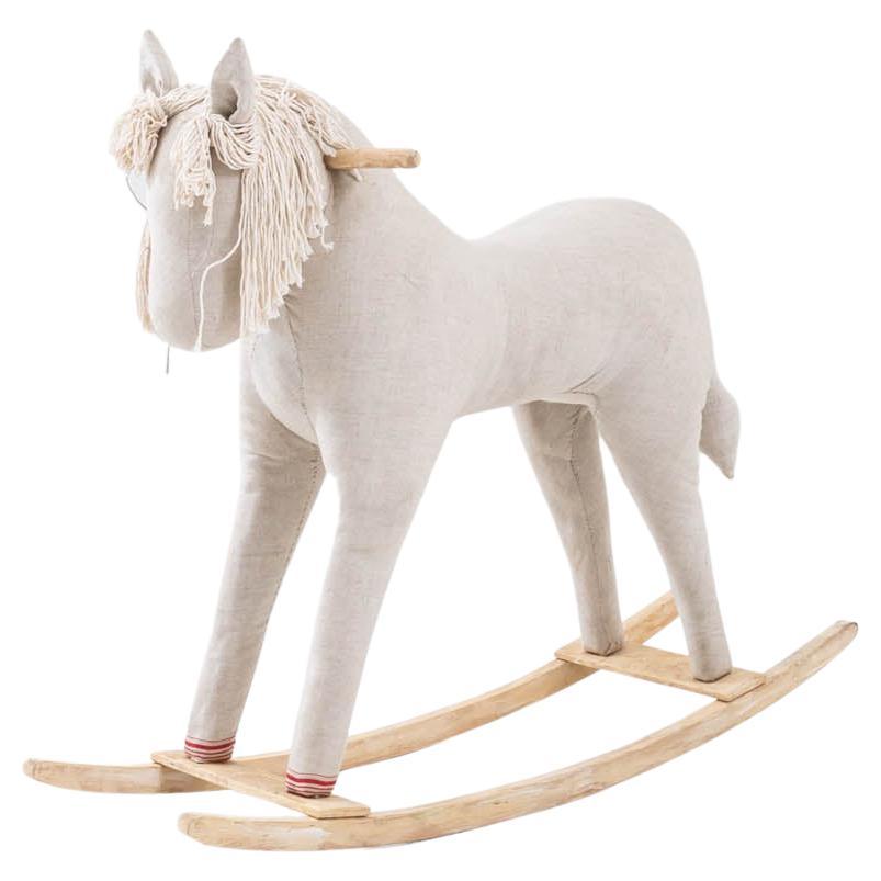 Vintage Plush Wooden and Fabric Rocking Horse For Sale at 1stDibs
