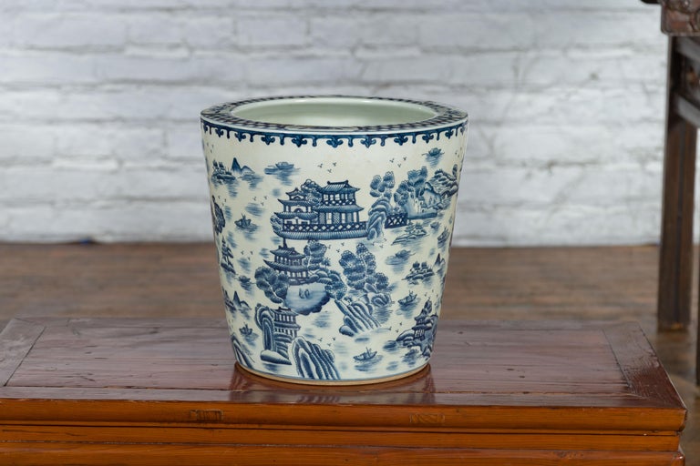 Vintage Porcelain Cache-Pot Planter with Blue and White Mountainous ...