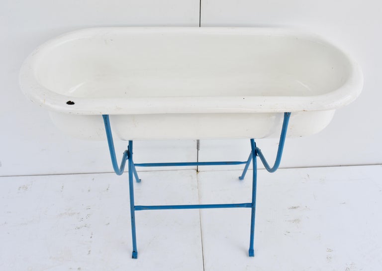 Vintage Porcelain Enamel Baby Bath on Wrought Iron Stand at 1stDibs ...