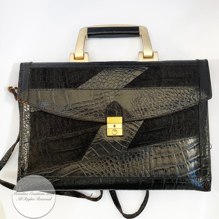Vintage Portfolio Bag Croc Embossed Patent and Suede Leather For Sale ...
