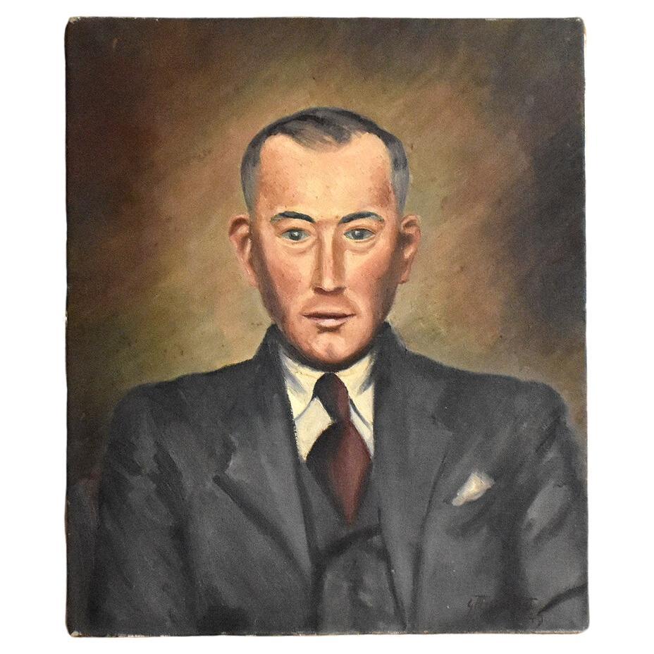 Vintage Portrait of a Man in a Suit, Original Oil on Canvas, 1940s For ...