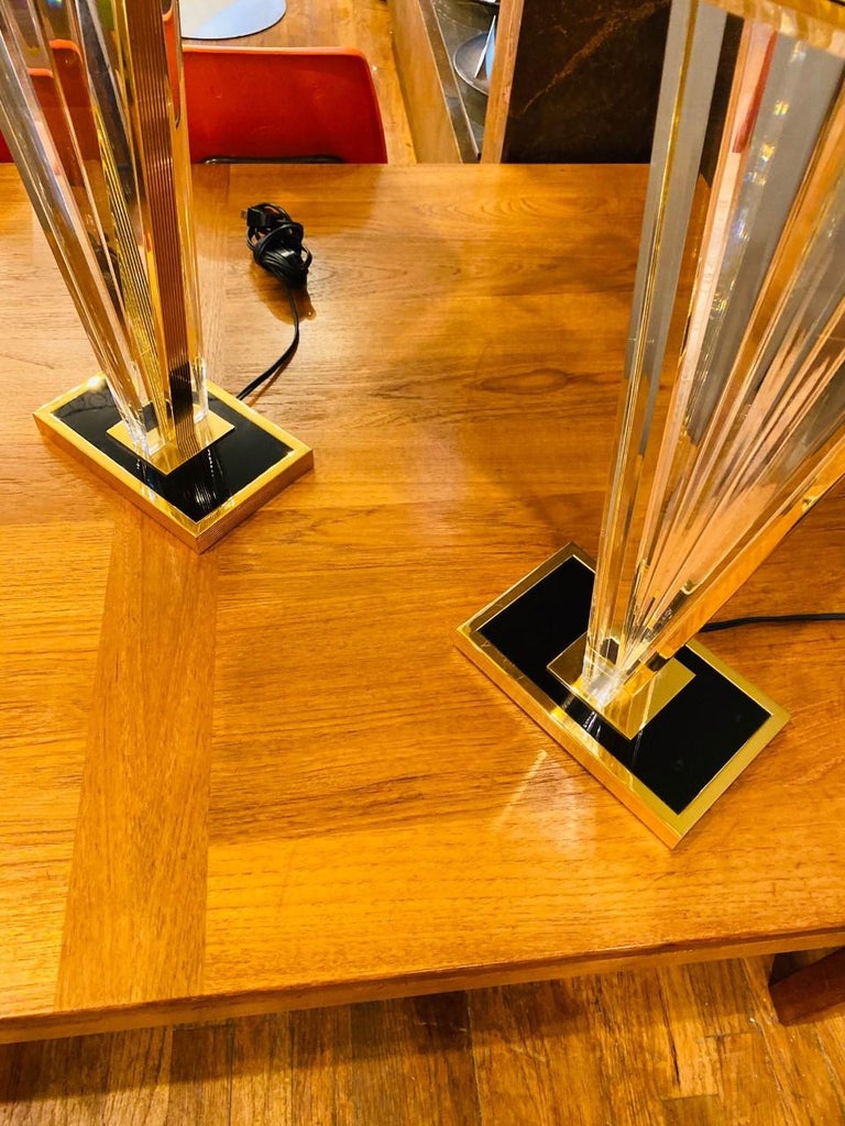 Vintage Post Modern Lucite and Gold Metal Triangular Table Lamps at 1stDibs