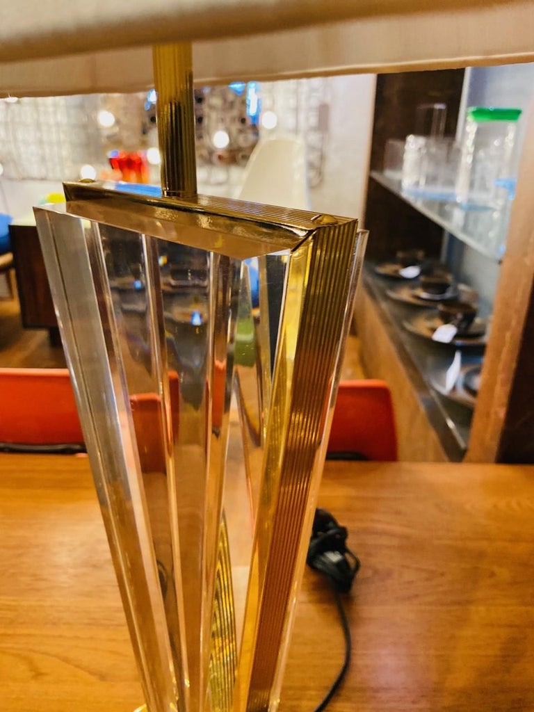 Vintage Post Modern Lucite and Gold Metal Triangular Table Lamps at 1stDibs