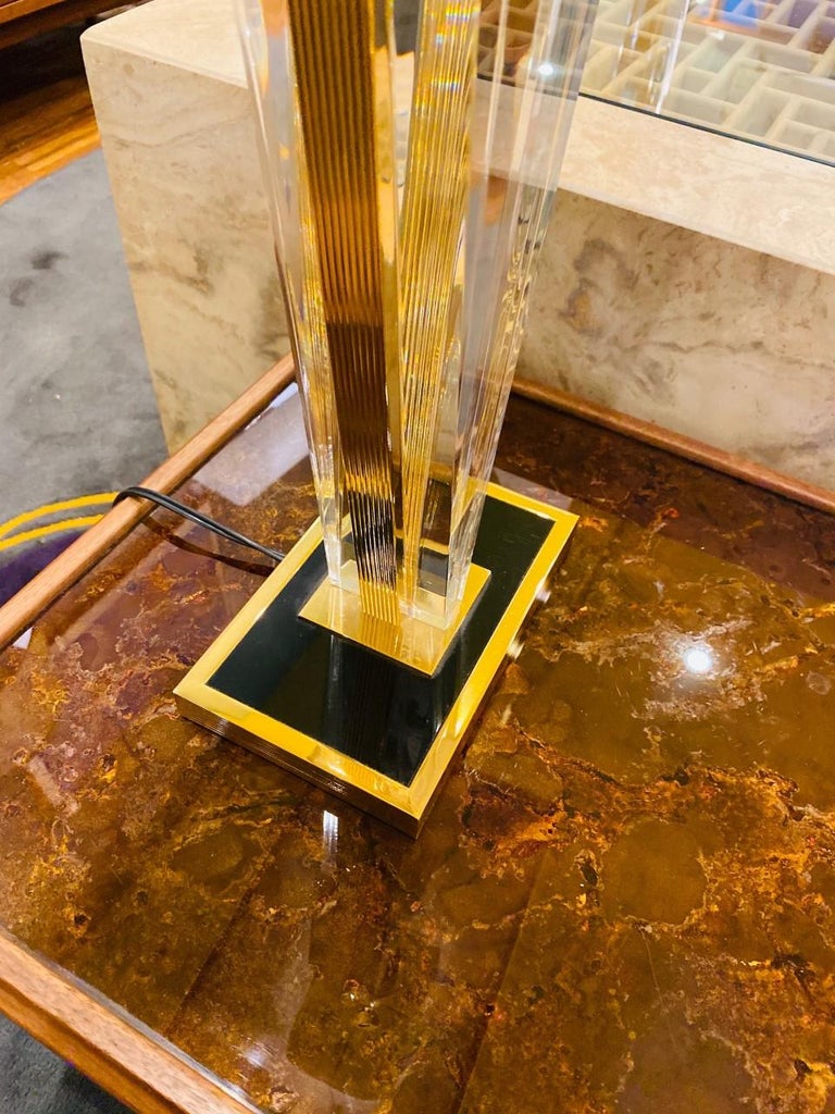 Vintage Post Modern Lucite and Gold Metal Triangular Table Lamps at 1stDibs