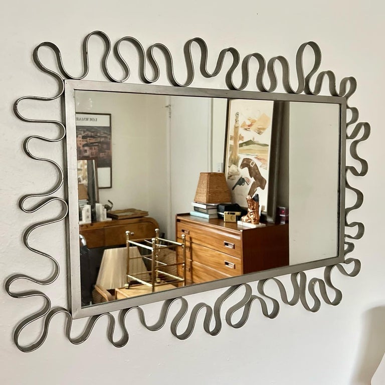 Vintage Post Modern Squiggly Wrought Iron Silver Wall Mirror For Sale ...