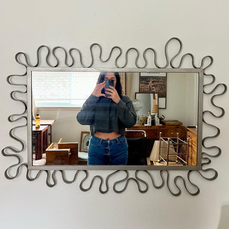 Vintage Post Modern Squiggly Wrought Iron Silver Wall Mirror For Sale ...