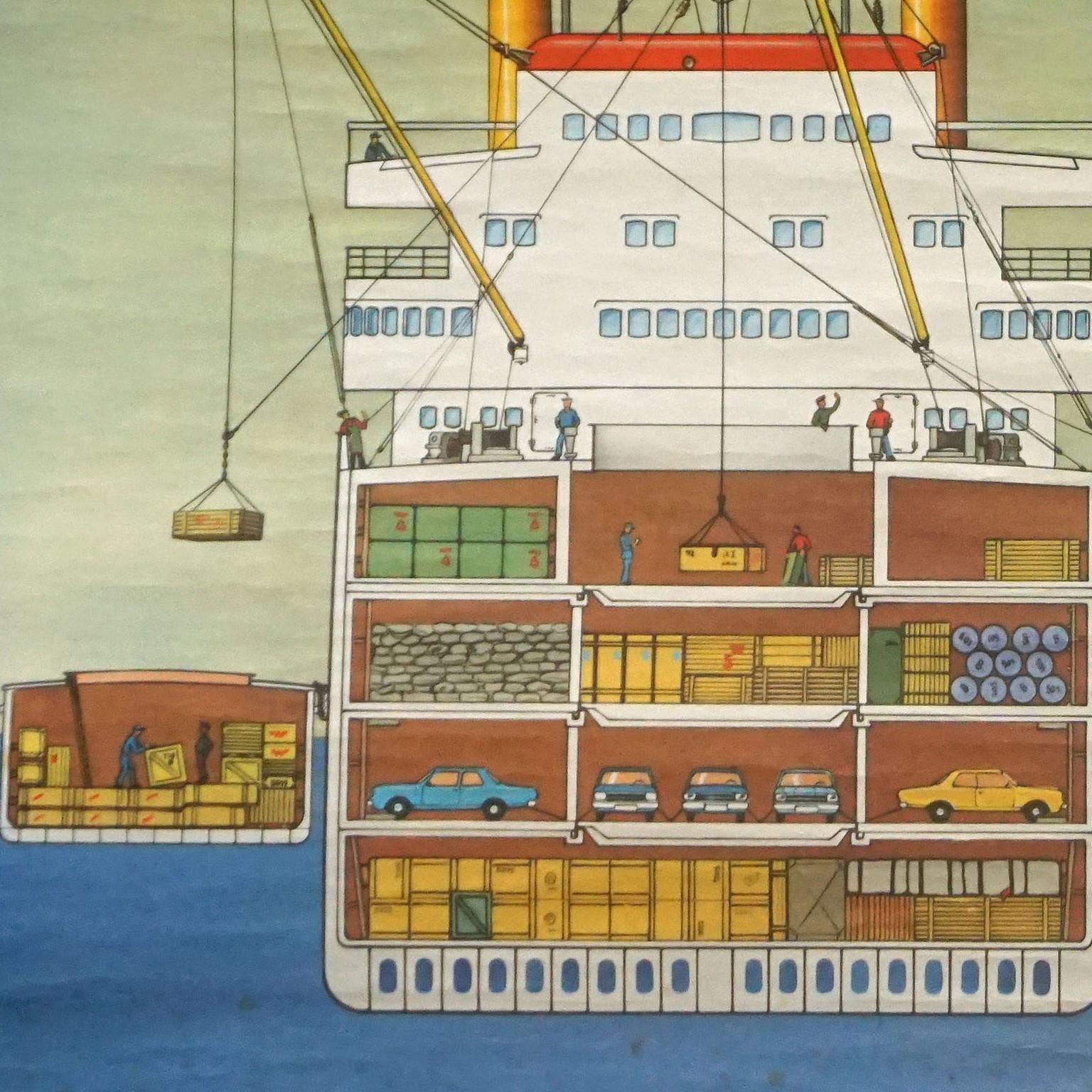 Vintage Mural Poster Rollable Wallchart Cargo Ship on Quay Maritime ...