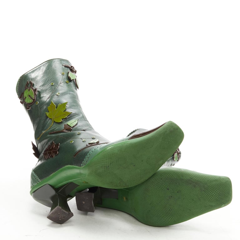 vintage PRADA 1999 green Romantic leaf applique curved heel elf boot ...