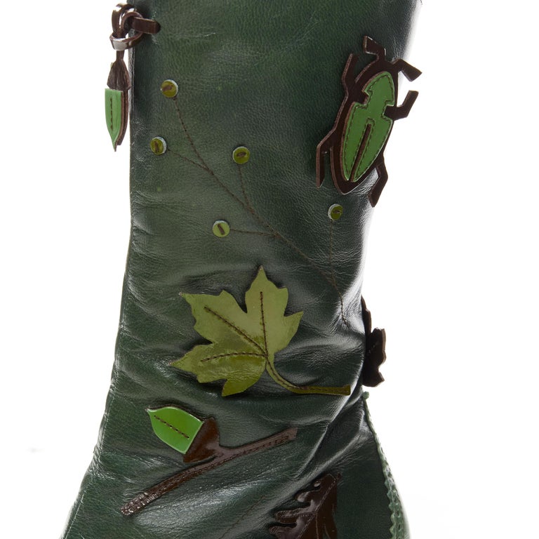 vintage PRADA 1999 green Romantic leaf applique curved heel elf boot ...