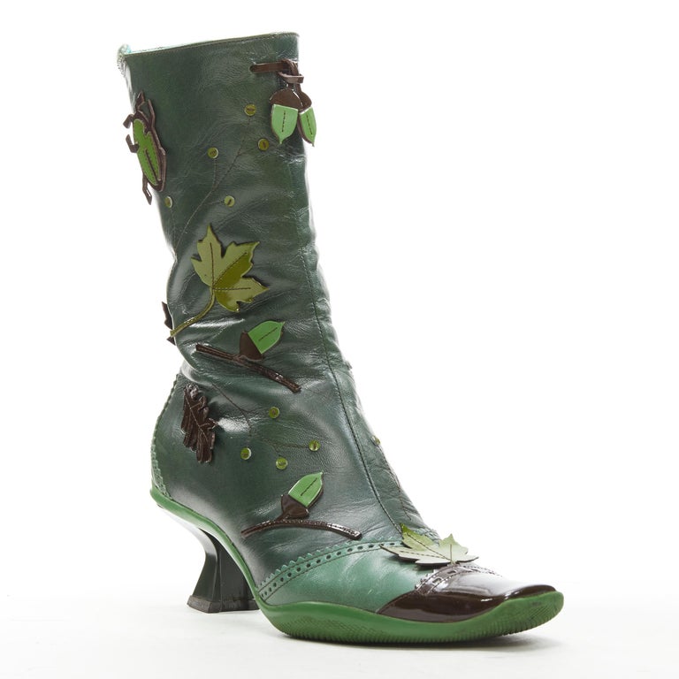 vintage PRADA 1999 green Romantic leaf applique curved heel elf boot ...
