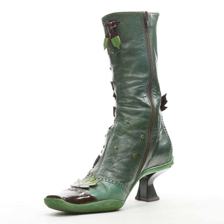 vintage PRADA 1999 green Romantic leaf applique curved heel elf boot ...