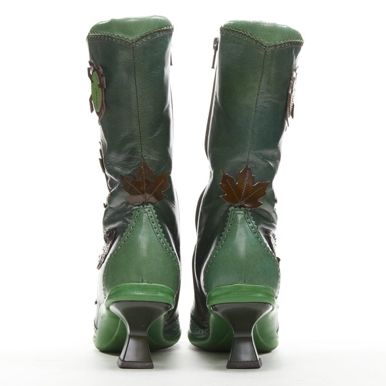 vintage PRADA 1999 green Romantic leaf applique curved heel elf boot ...