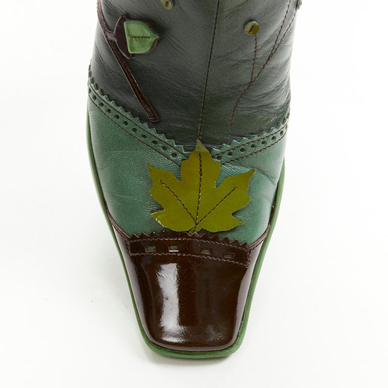 vintage PRADA 1999 green Romantic leaf applique curved heel elf boot ...