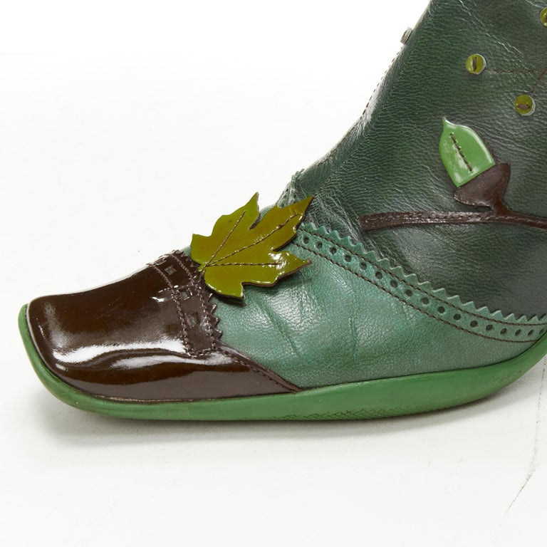 vintage PRADA 1999 green Romantic leaf applique curved heel elf boot ...