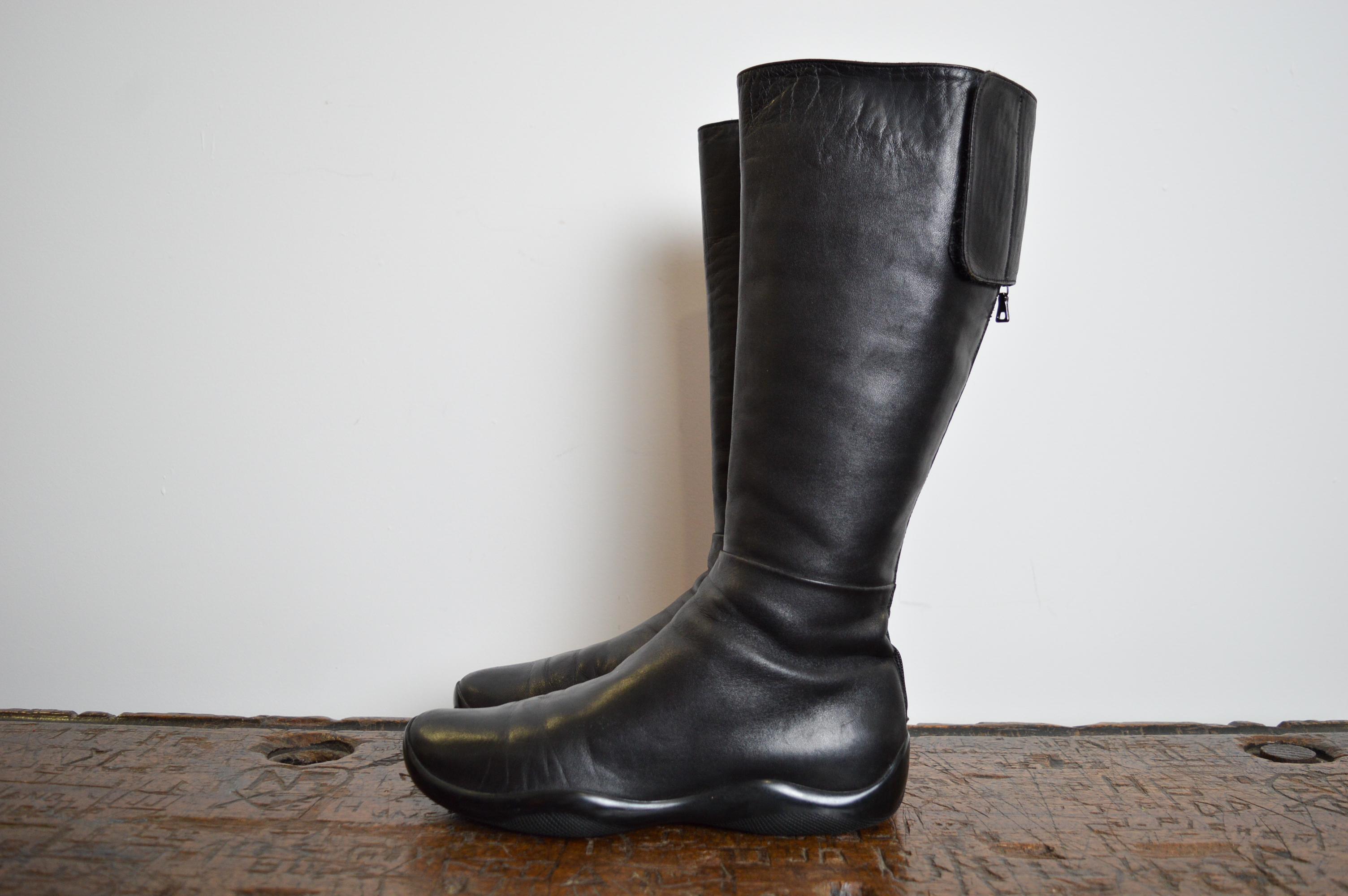 Vintage PRADA Knee High Black Leather 2000s Technical Y2K Vintage PRADA Knee High Black Leather 2000s Technical Y2K