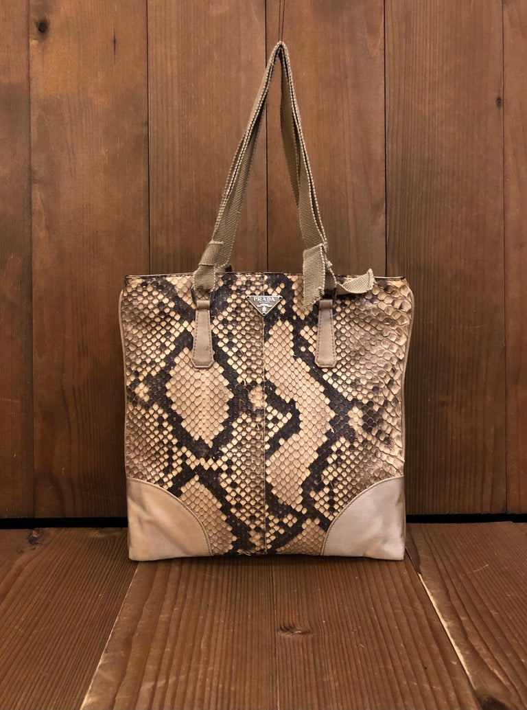 Vintage PRADA Python Satin Mini Flat Tote Handbag Brown Beige For Sale ...