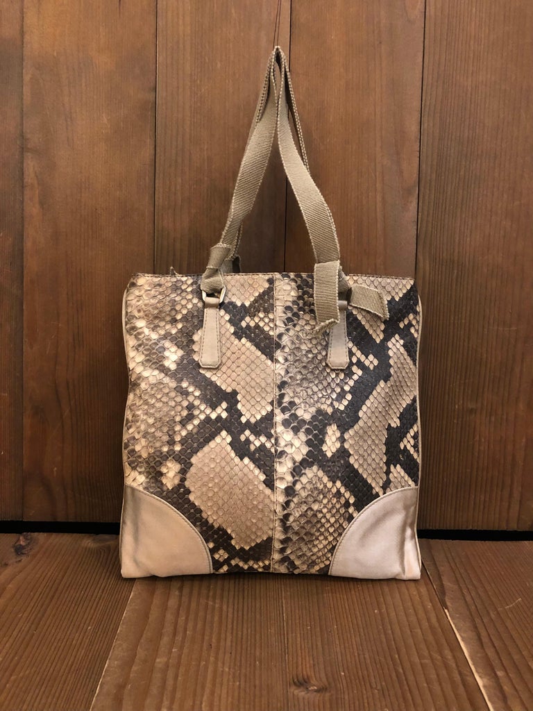 Vintage PRADA Python Satin Mini Flat Tote Handbag Brown Beige For Sale at 1stDibs