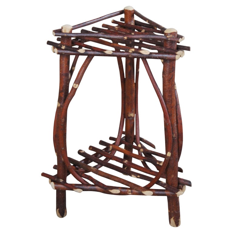 Vintage Primitive Folk Art Adirondack Cabin Twig Log Table 2 Tier Plant ...