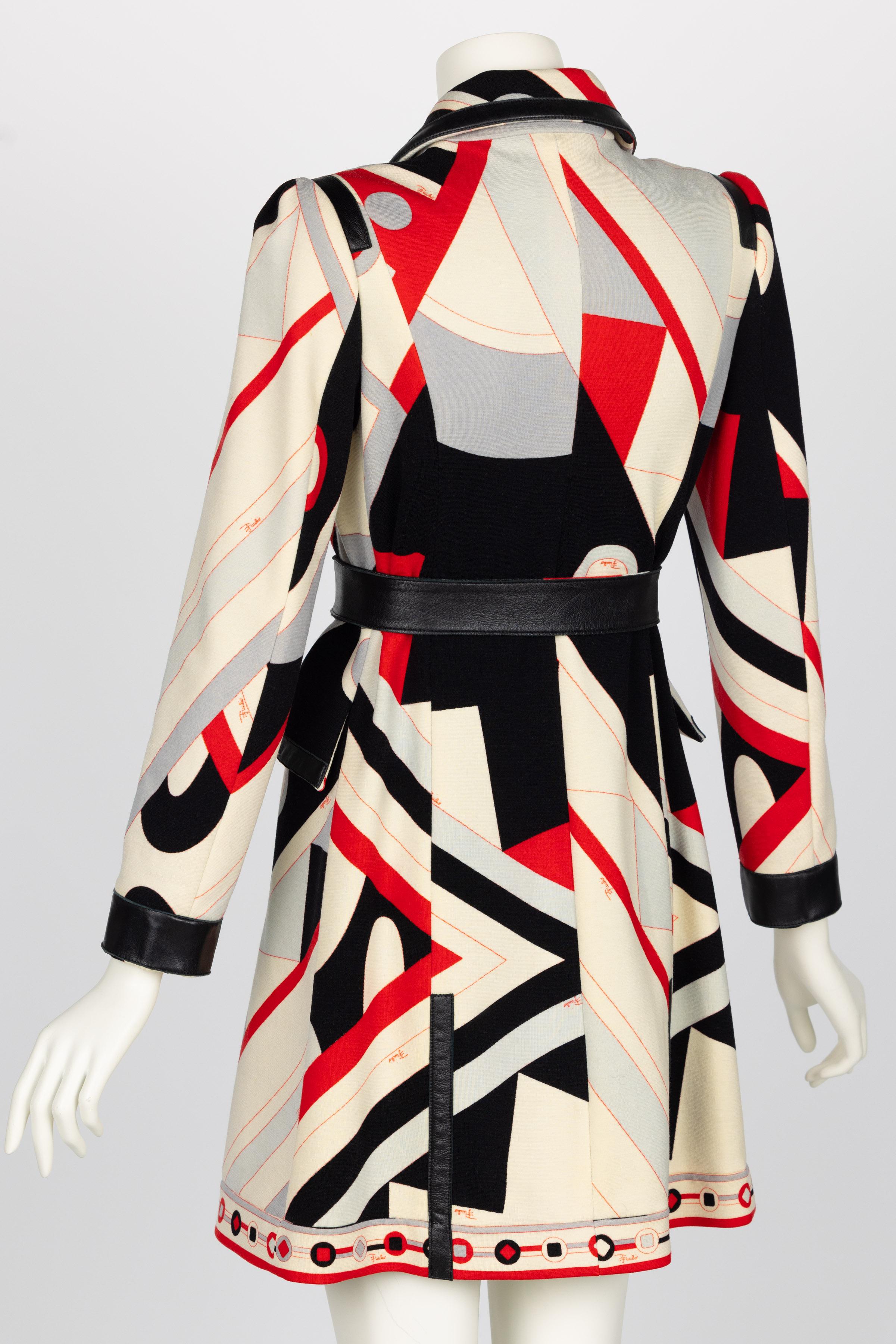 Vintage Pucci Wool Geometric Print Leather Belted Coat Dress at 1stDibs
